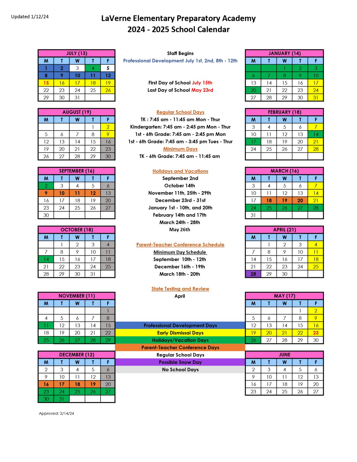 SCHOOL CALENDAR 2024-2025 – Lepacademy